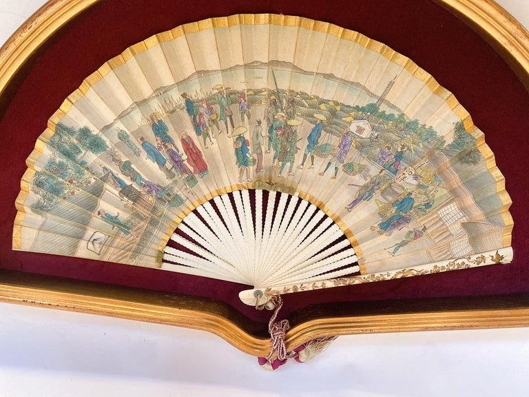 19th Century French Painted Paper Fan with Box For Sale at 1stDibs