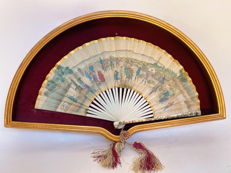 19th Century French Painted Paper Fan with Box For Sale at 1stDibs