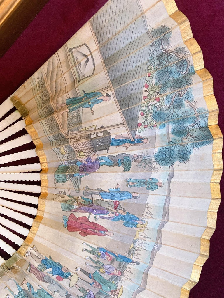 19th Century French Painted Paper Fan with Box For Sale at 1stDibs