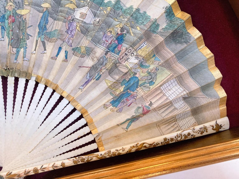 19th Century French Painted Paper Fan with Box For Sale at 1stDibs