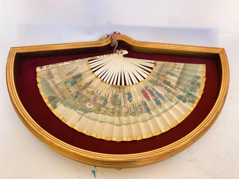 19th Century French Painted Paper Fan with Box For Sale at 1stDibs