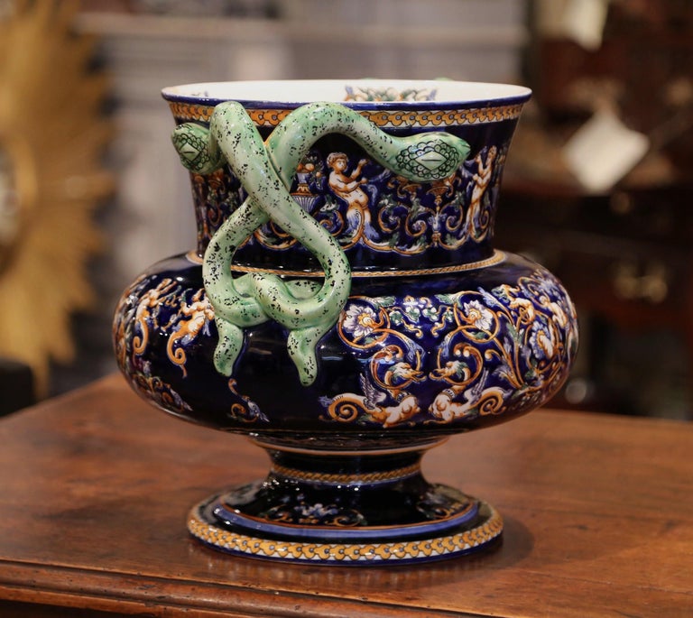 19th Century French Painted Porcelain Cache Pot with Snake Handles from ...