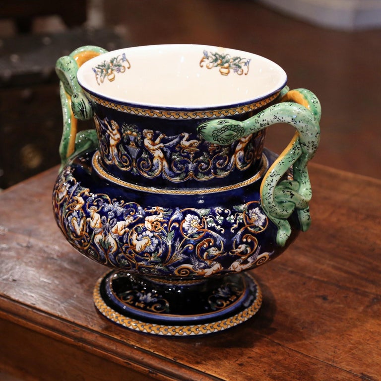 19th Century French Painted Porcelain Cache Pot with Snake Handles from ...