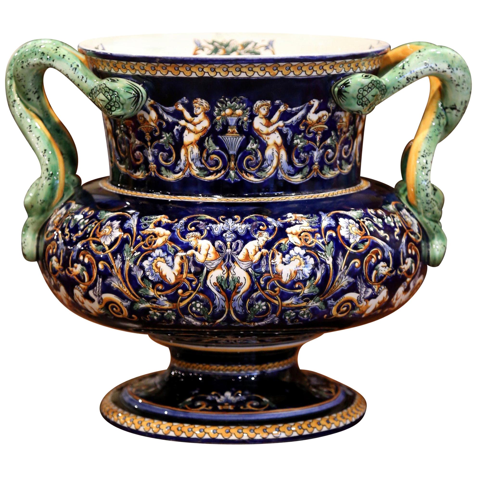 19th Century French Painted Porcelain Cache Pot with Snake Handles from ...