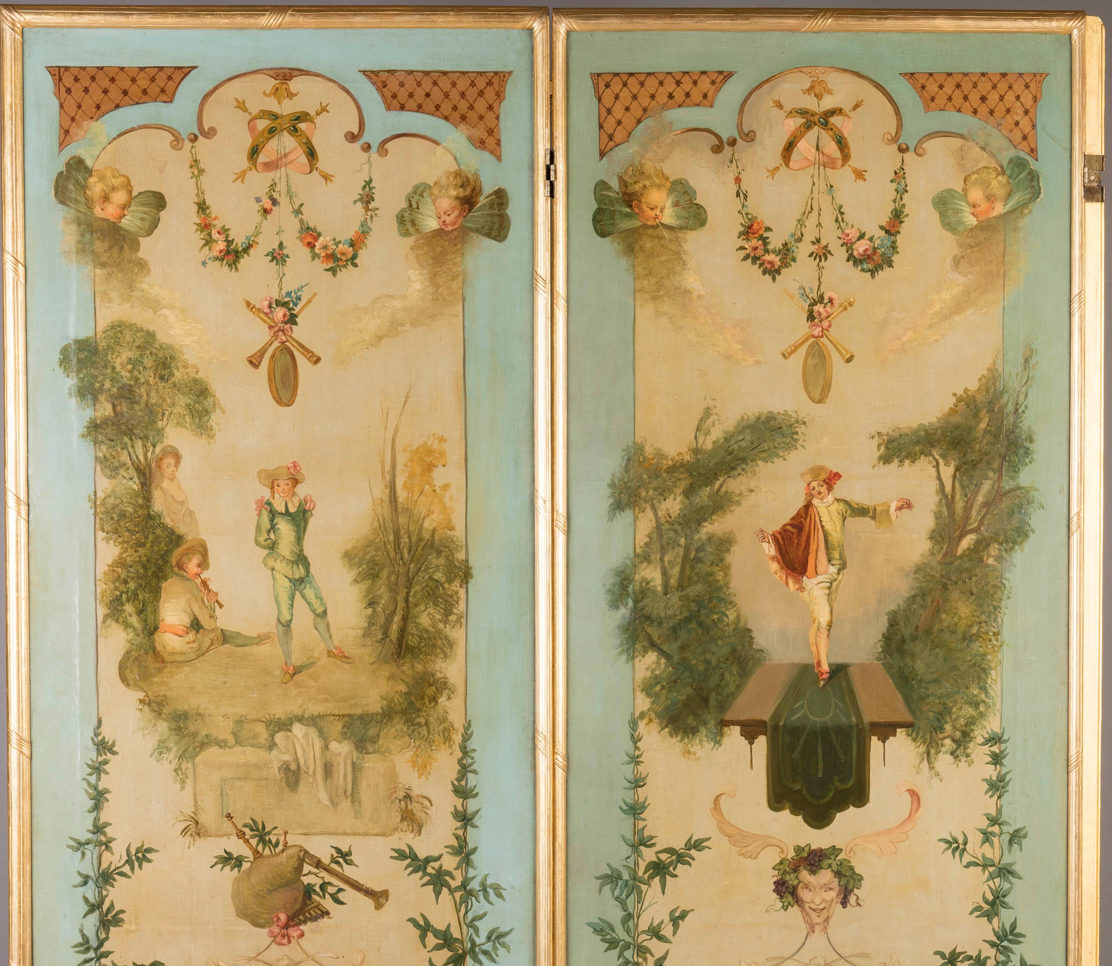19th Century French Painted Screen in the Rococo Style with Paintings ...