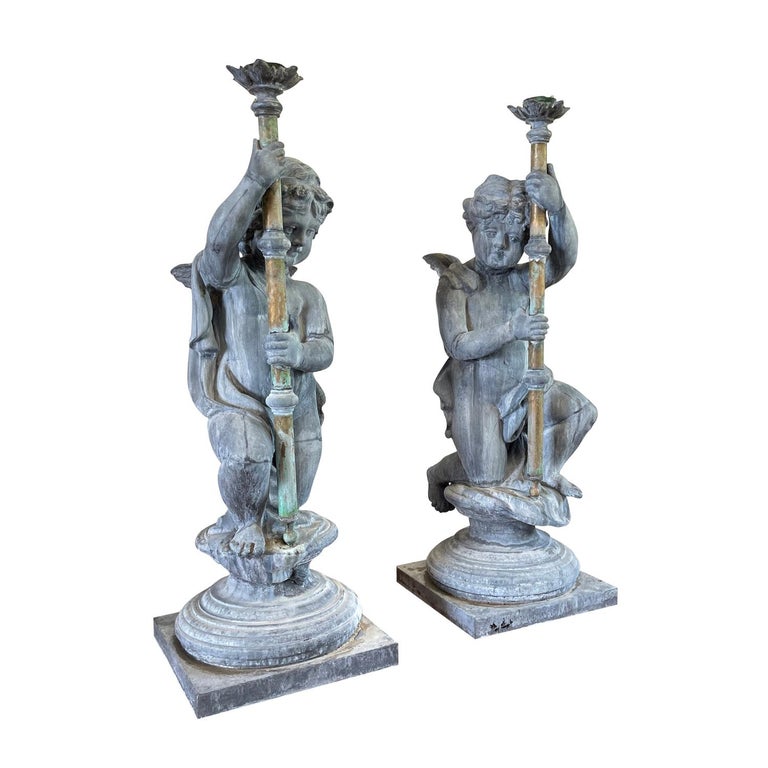 19th Century French Pair of Antique Zinc Cherub Candle Holders For Sale ...
