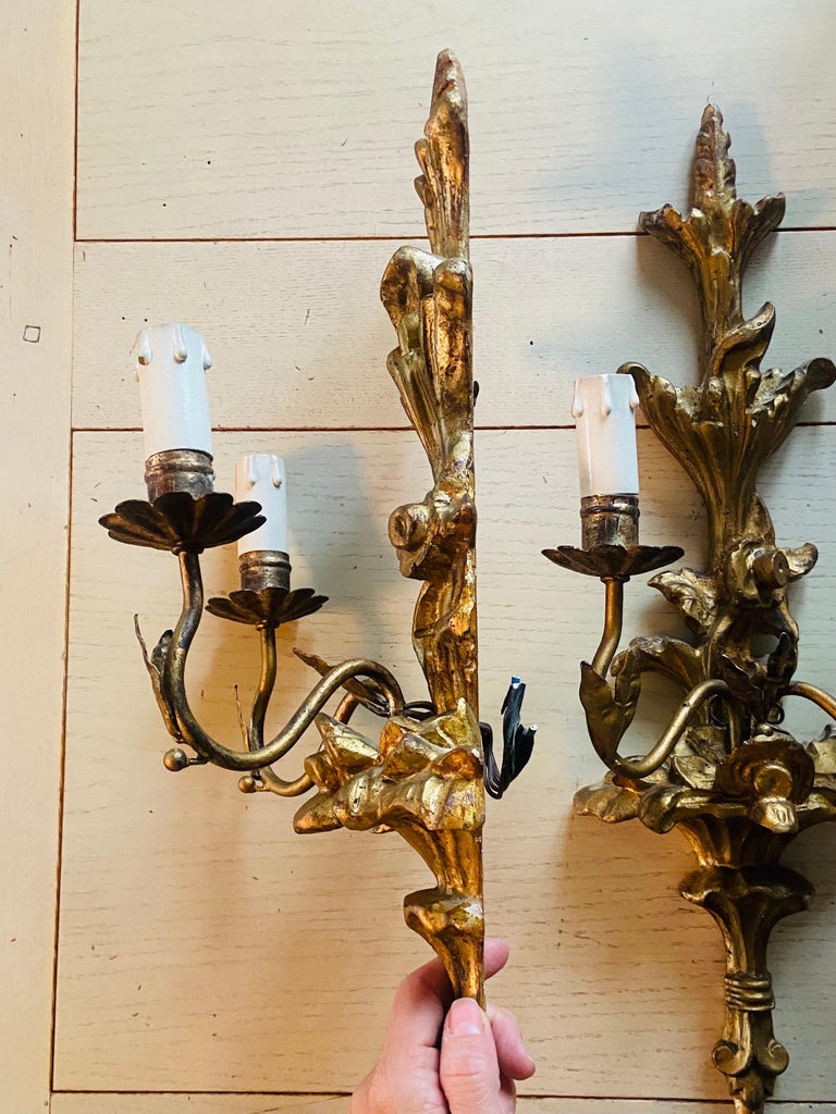 19th Century French Pair of Hand Carved Giltwood Baroque Style Sconces ...