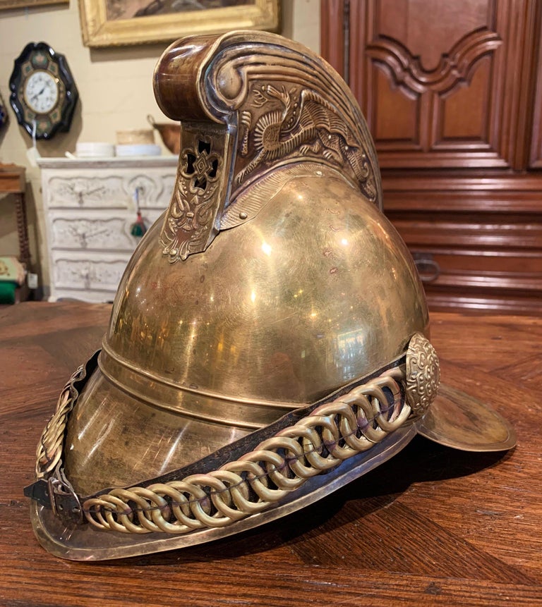 19th Century French Patinated Brass Fireman Helmet with Leather Straps ...