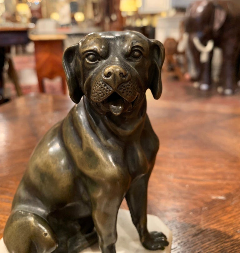19th Century French Patinated Bronze Dog Sculpture on Grey Marble Base ...