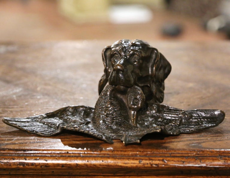19th Century, French, Patinated Bronze Hunting Dog and Duck Inkwell For ...