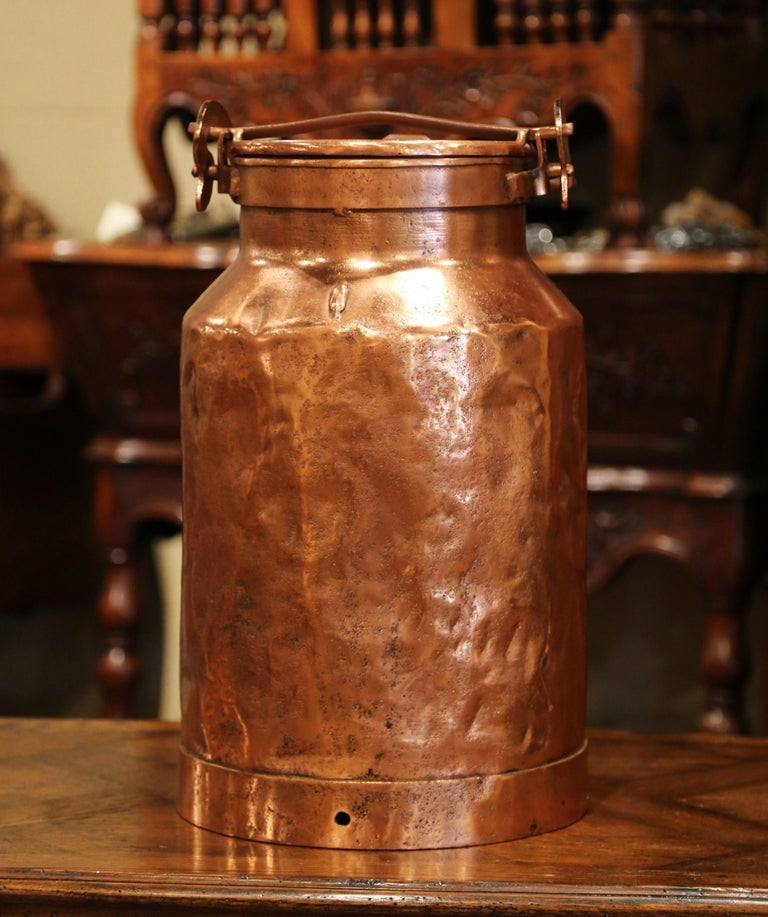 19th Century French Patinated Copper Milk Container with Handle and Lid ...