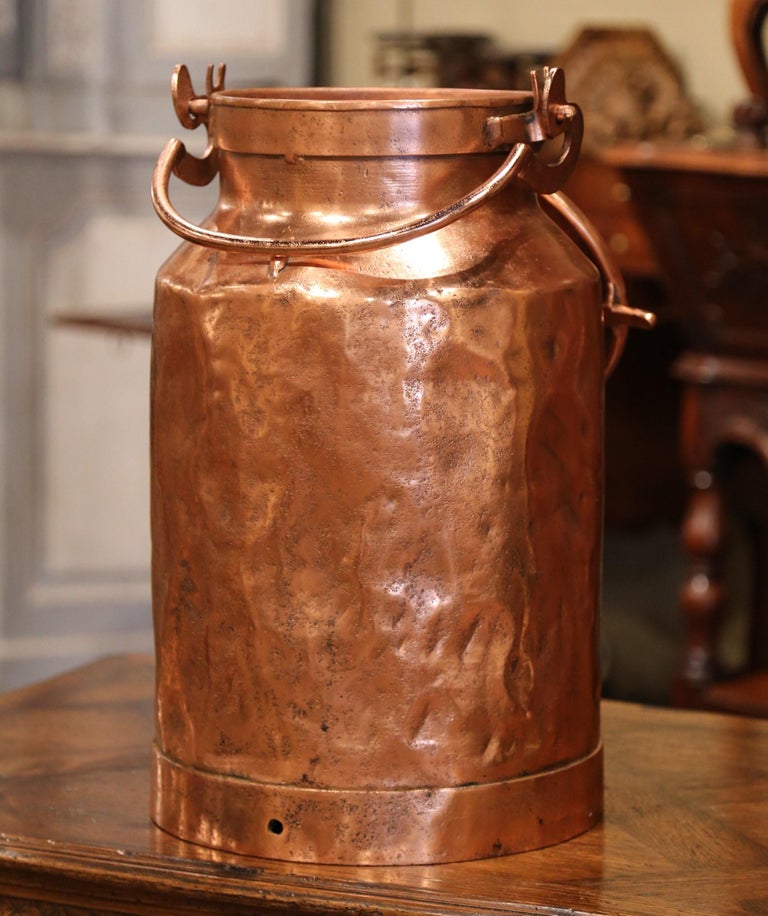 19th Century French Patinated Copper Milk Container with Handle and Lid ...