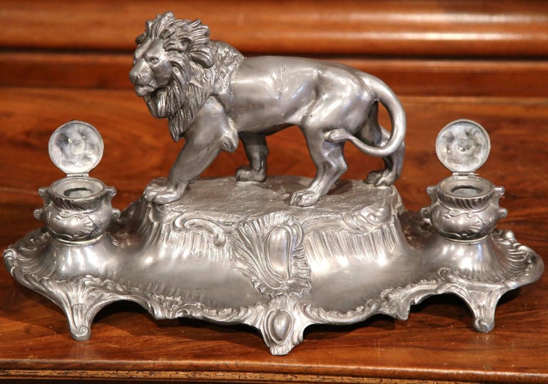 19th Century French Pewter Inkwell with Lion Sculpture Signed A. Bossu ...