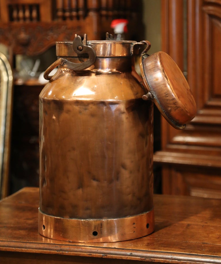 19th Century French Polished Copper Milk Container with Handle and Lid ...