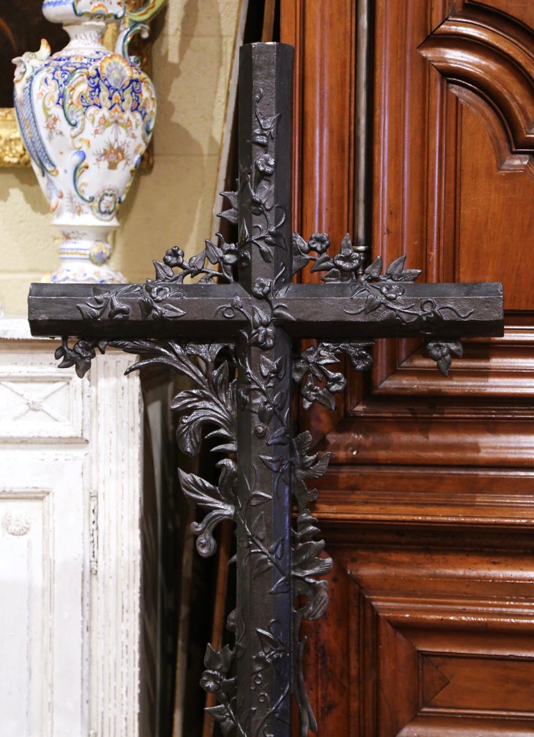 19th Century French Polished Iron Garden Crucifix Cross with Floral ...