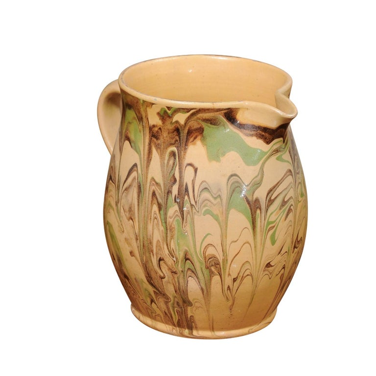 19th Century French Pottery Pitcher with Green and Brown Marble Style ...
