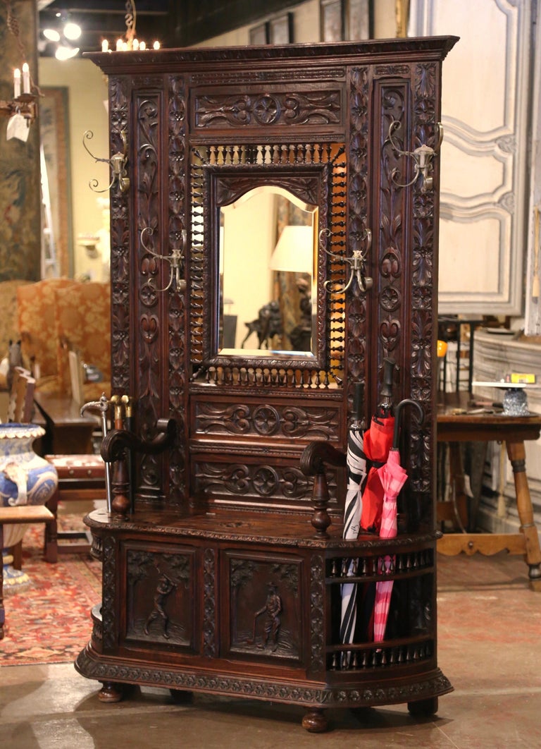 19th Century French Renaissance Carved Walnut Halltree Bench and ...