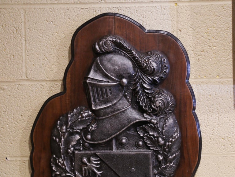 19th Century French Renaissance Style Polished Iron Crest on Walnut Plaque For Sale at 1stDibs