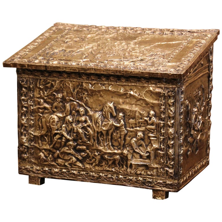 19th Century French Repousse Brass and Wood Box with Pastoral Scenes ...