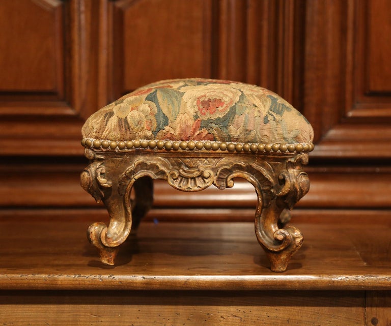 19th Century French Rococo Carved Gilt Wood Footstool with Aubusson ...