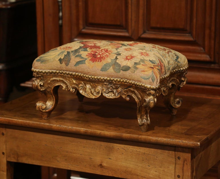 19th Century French Rococo Carved Gilt Wood Footstool with Aubusson ...