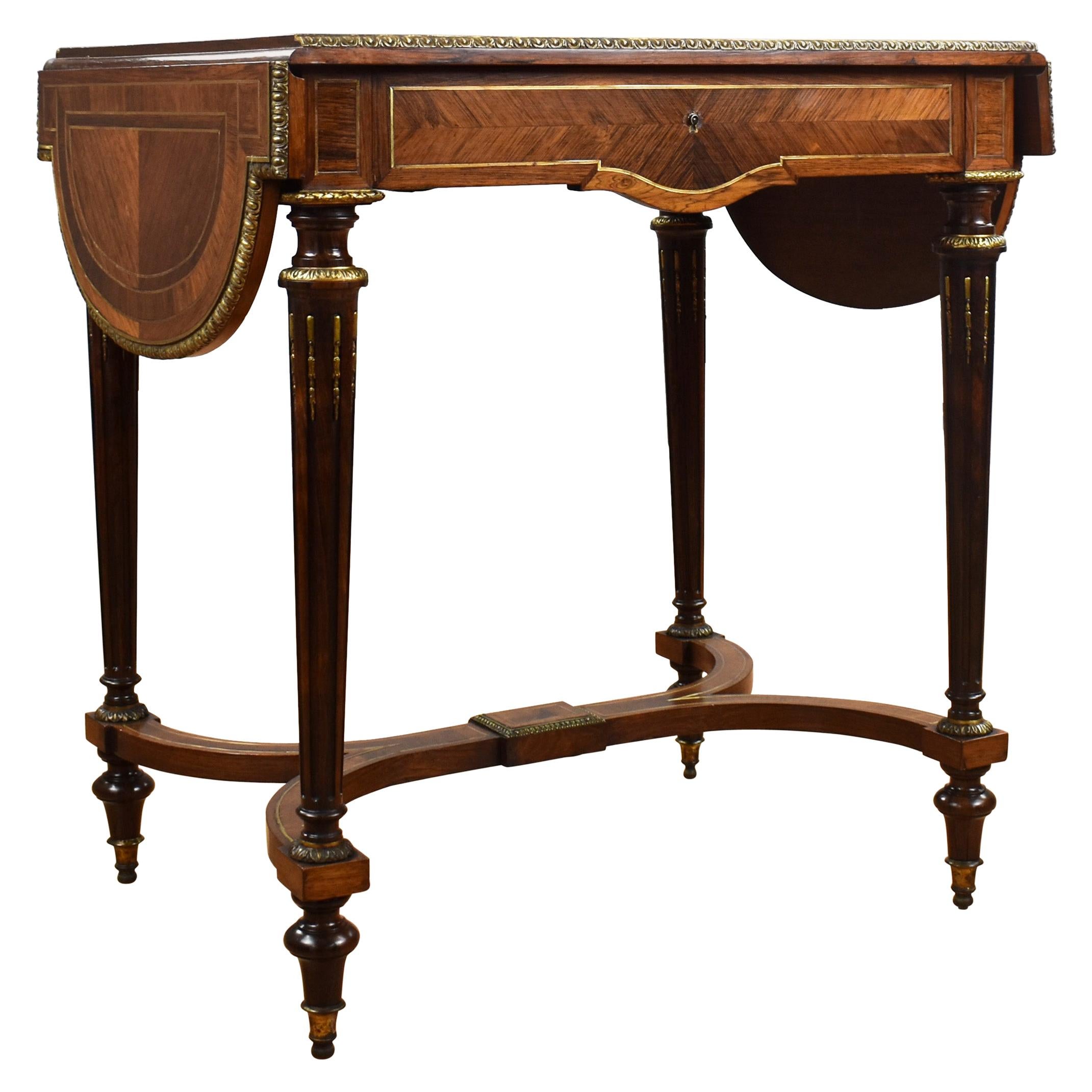 19th Century French Rosewood Brass Inlaid Drop-Leaf Table at 1stDibs