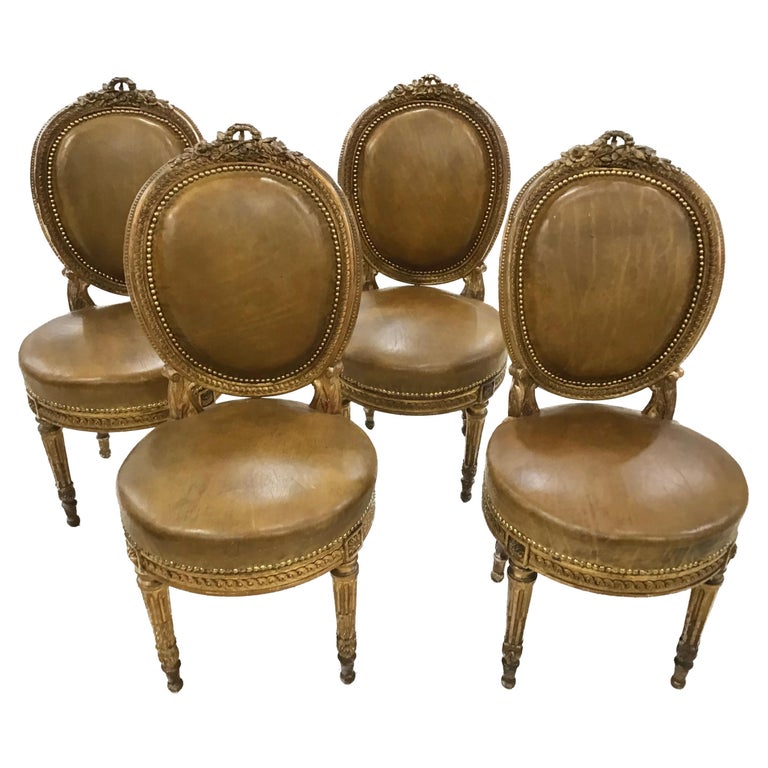 19th Century French Set of Four Louis XVI Style Giltwood Dining Chairs ...