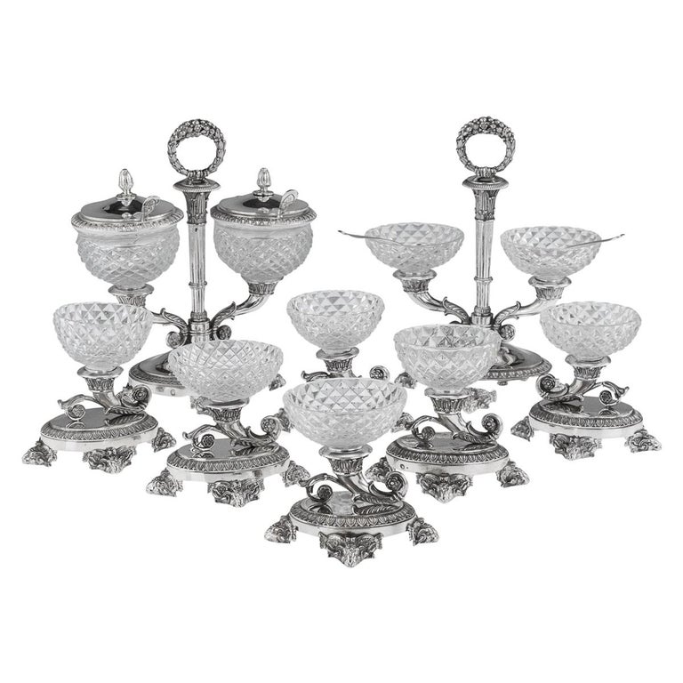 19th Century French Solid Silver and Glass Condiments Service, Paris, c ...