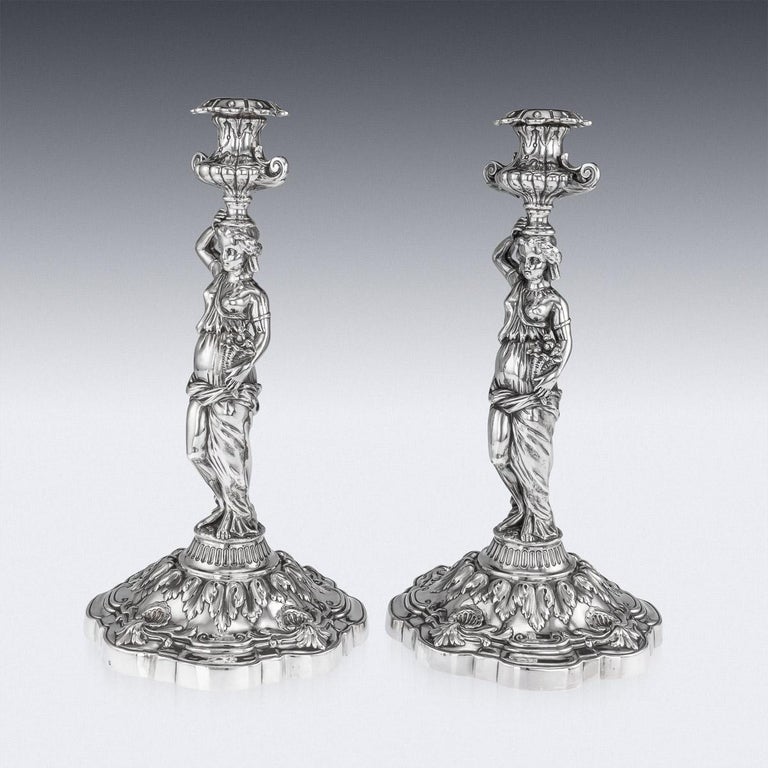 19th Century French Solid Silver Pair of Figural Candlesticks, Debain c ...