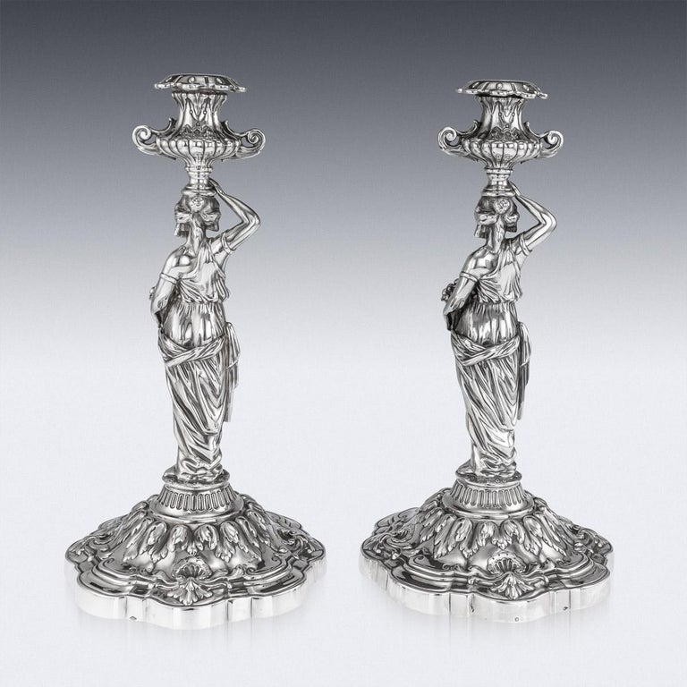 19th Century French Solid Silver Pair of Figural Candlesticks, Debain c ...