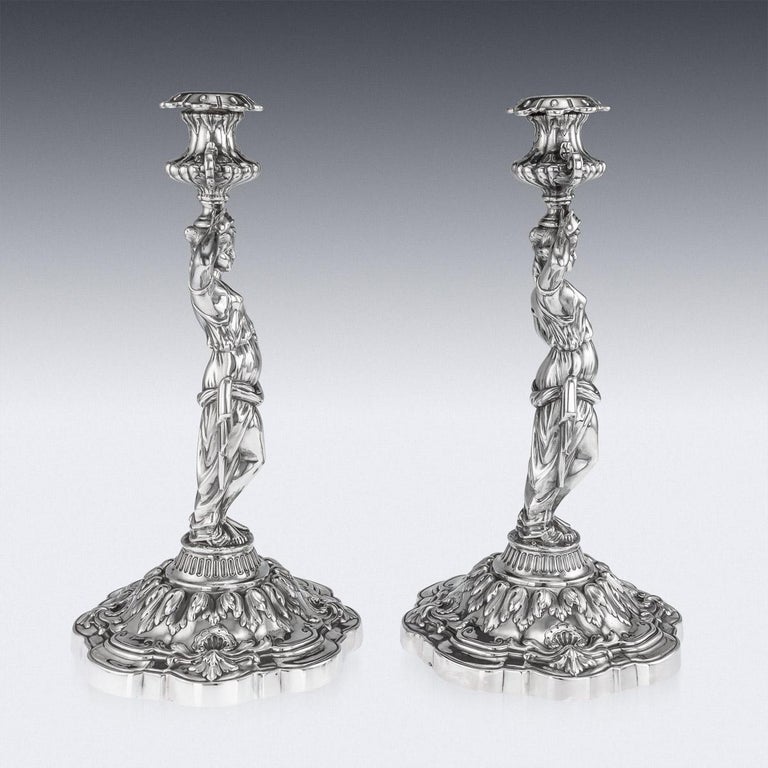 19th Century French Solid Silver Pair of Figural Candlesticks, Debain c ...