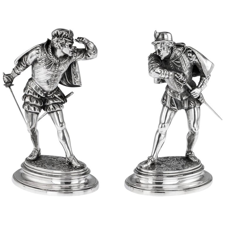 19th Century French Solid Silver Statues of Duellists, Émile Guillemin ...