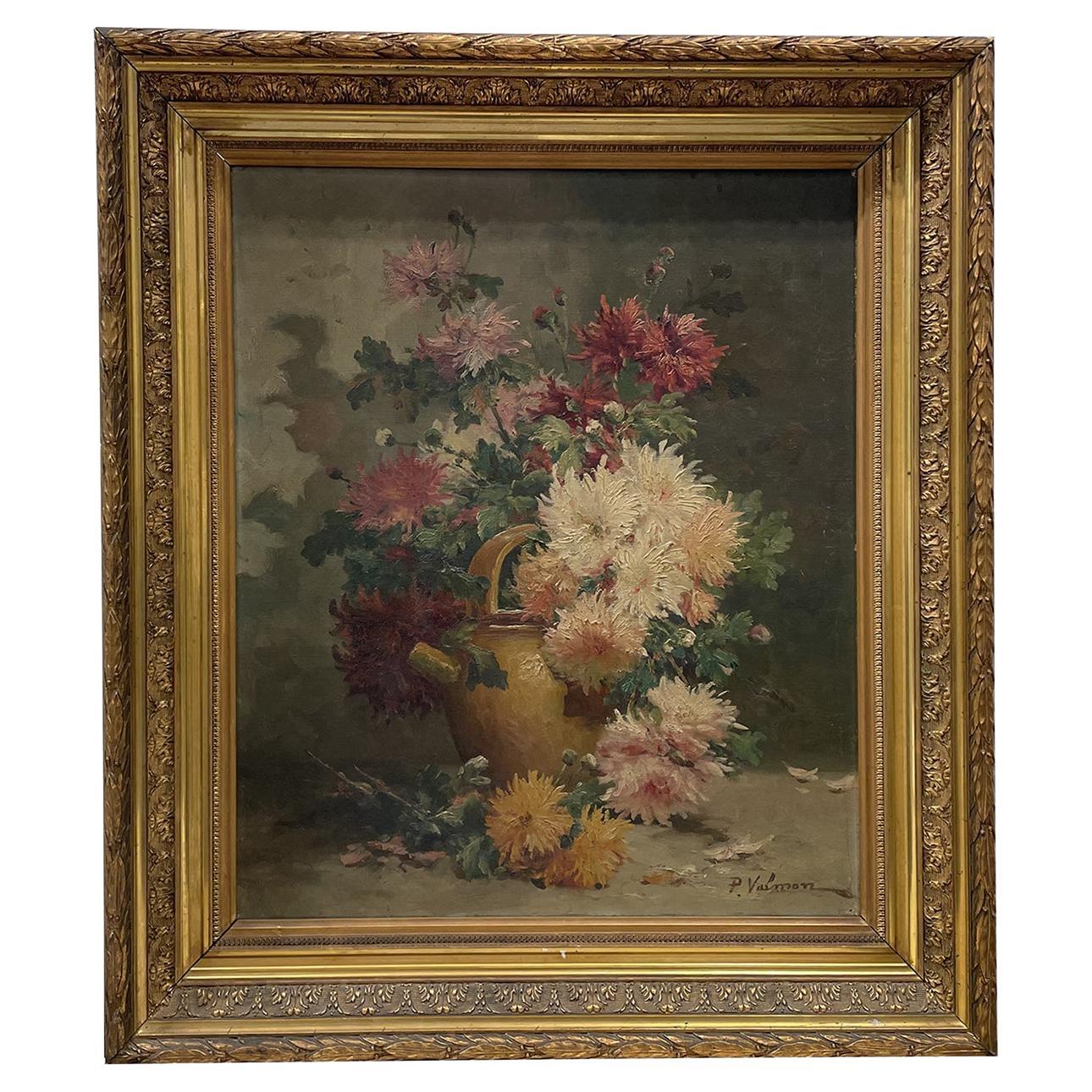 19th Century Floral Still Life Oil Painting Set in Ornate Gold Frame ...