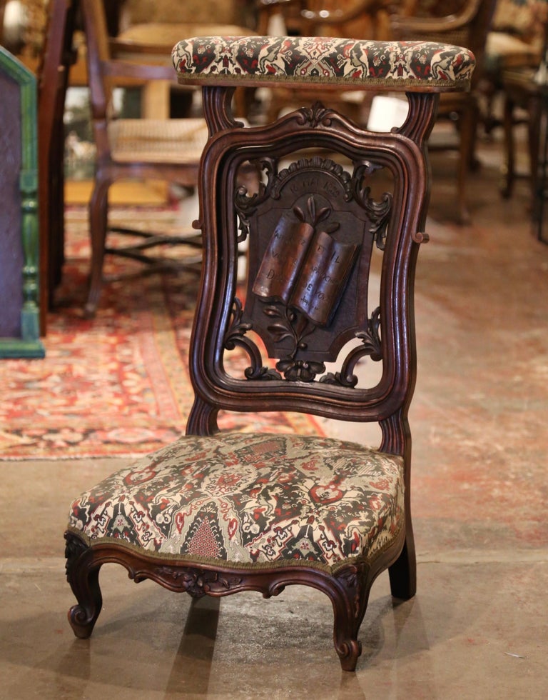 19th Century French Walnut Prayer Chair with Carved Bible on Back Dated ...
