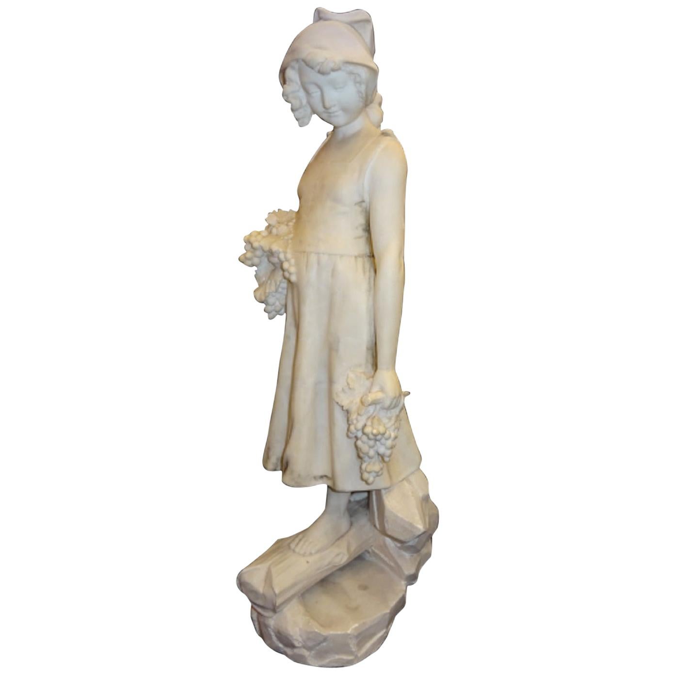 19th Century French White Alabaster Sculpture of Young Girl with Grapes ...