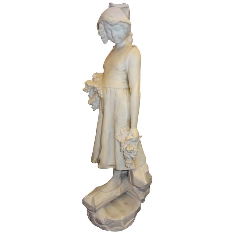 19th Century French White Alabaster Sculpture of Young Girl with Grapes ...