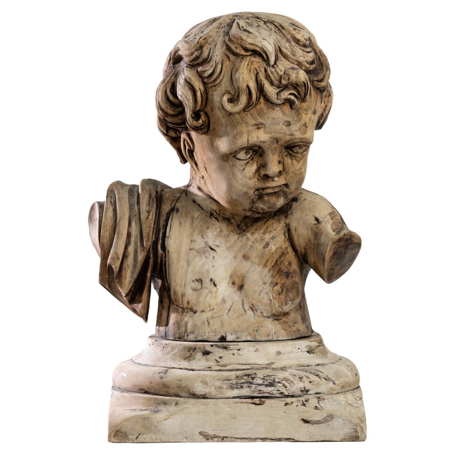 Antique Bust French Wooden Carving with Decorative Cherub Head For Sale ...