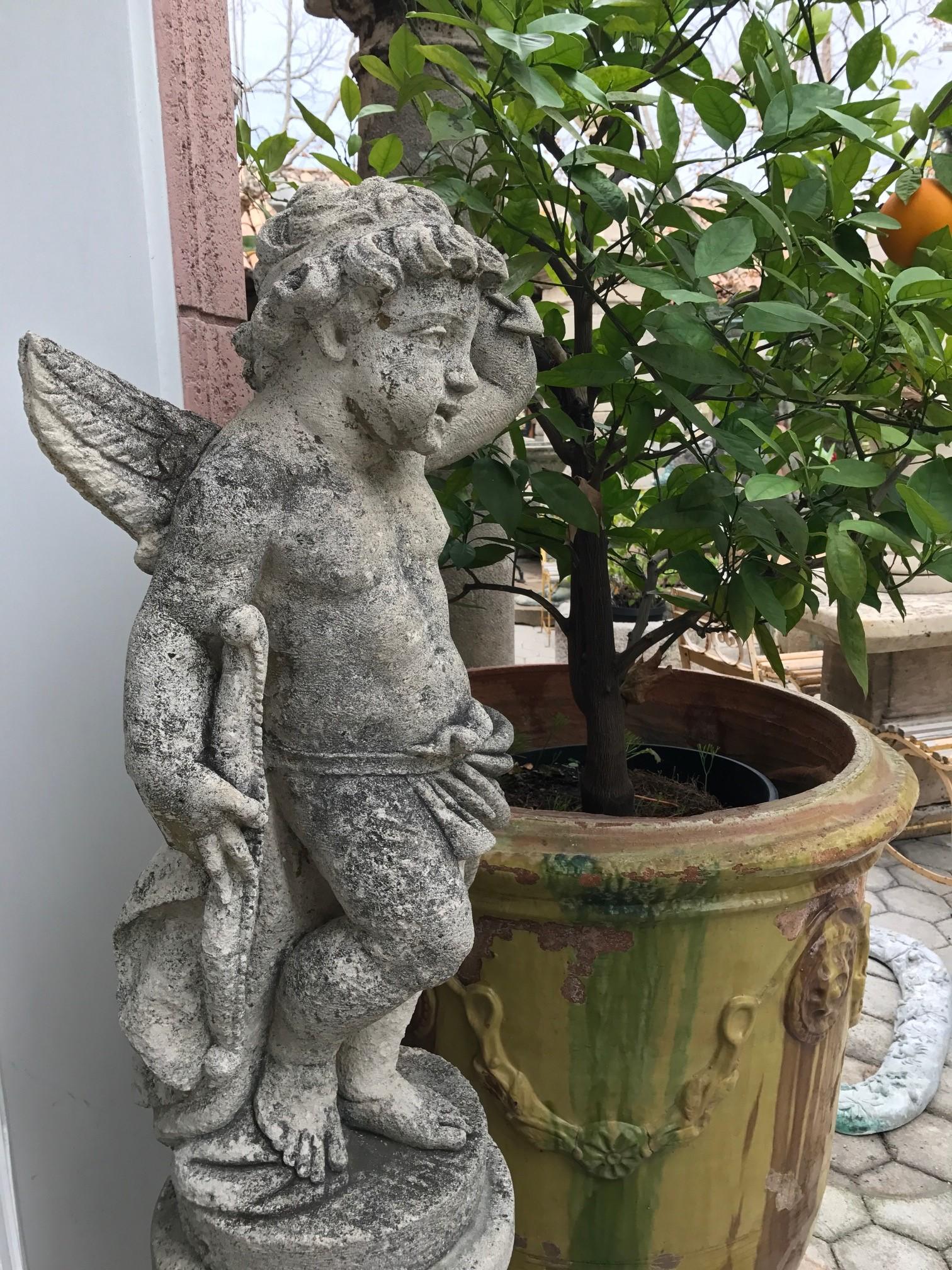 19th C. Garden Statue of Cupid on a Carved Stone Base Column ...
