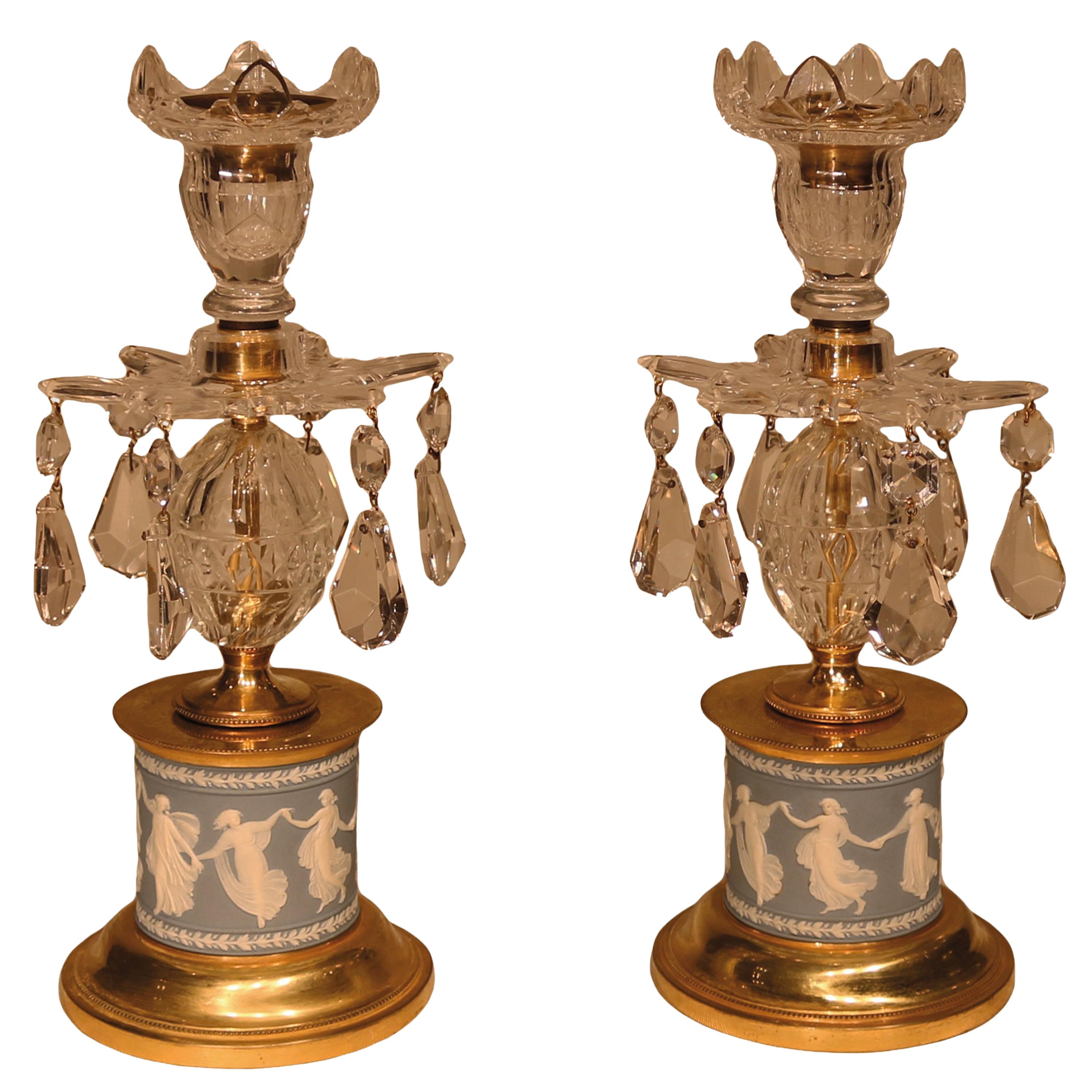 19th Century George III Glass Lustre Candlesticks at 1stDibs