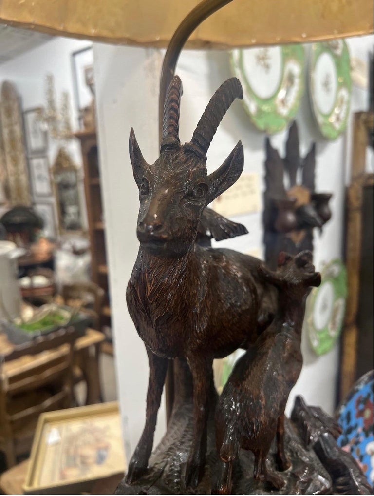 19th Century German Black Forest Carved Clock Mounted Lamp with Cowhide ...