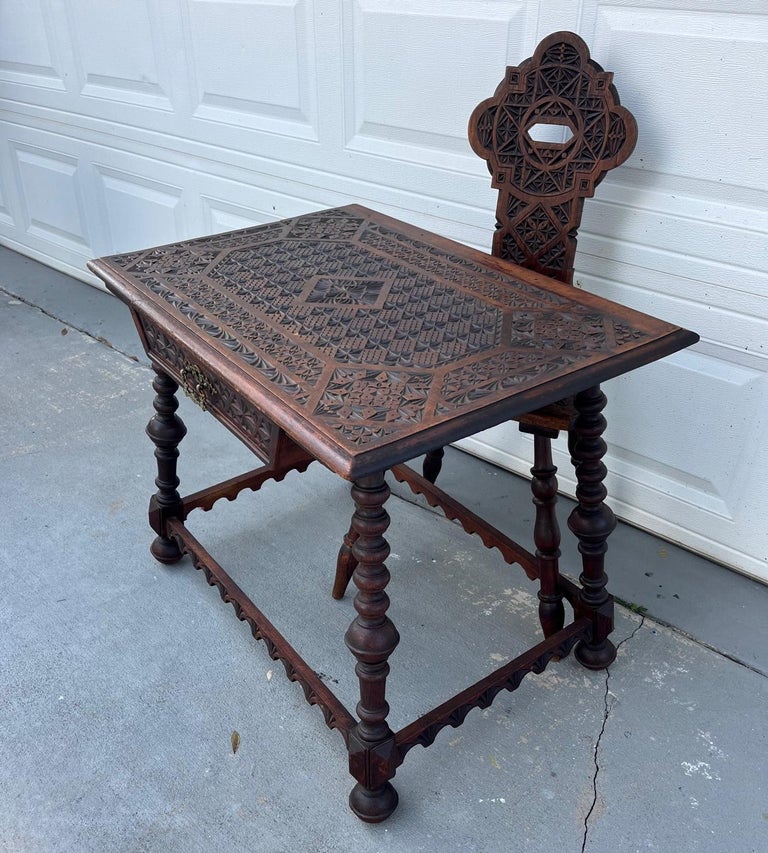 19th Century German Black Forest Chip-Carved Suite Desk with Drawer and ...