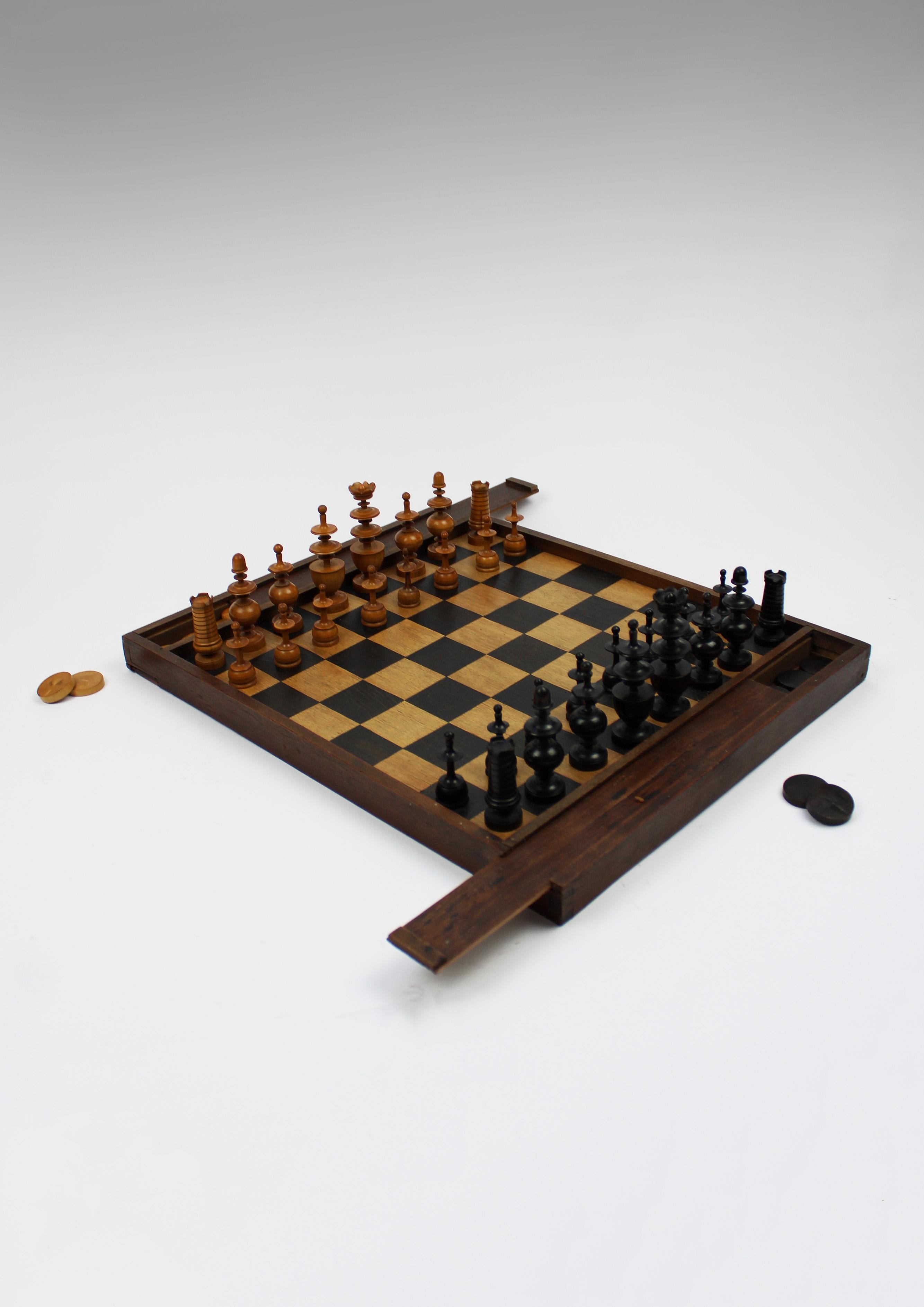 19th Century German Chess and Checkers Handmade set Boxwood and Ebony ...