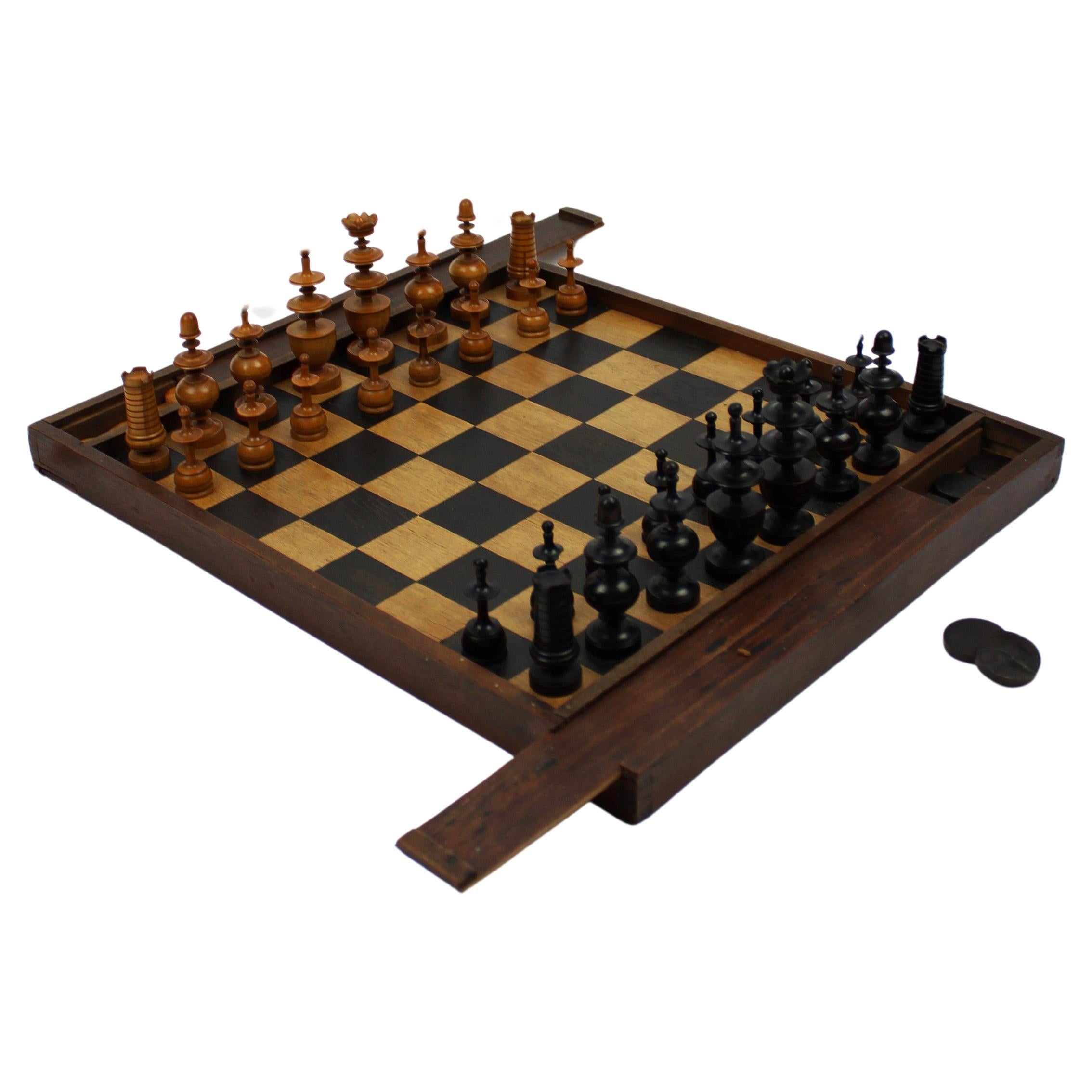 19th Century German Chess and Checkers Handmade set Boxwood and Ebony ...
