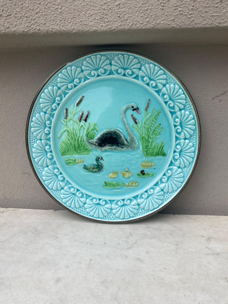 19th Century German Majolica Swan Plate Circa 1900 For Sale at 1stDibs
