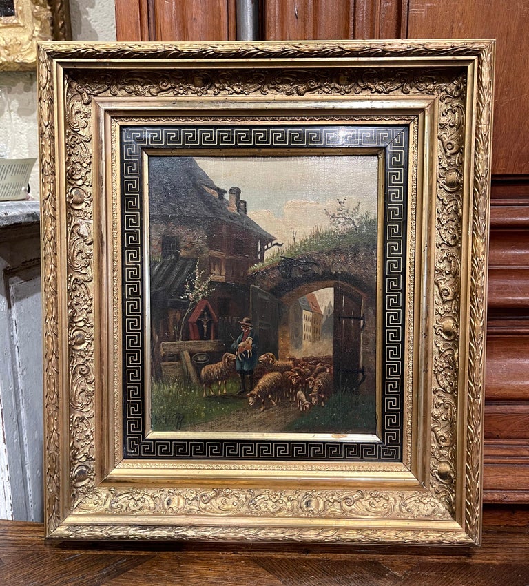 19th Century German Oil on Board Sheep Painting in Gilt Frame Signed H ...