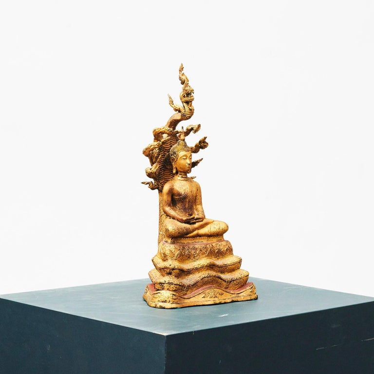 19th Century Gilded Bronze Buddha Seated on Naga Throne at 1stDibs