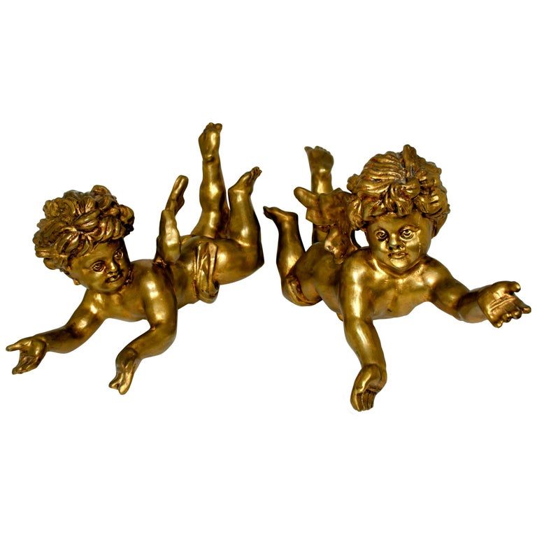 19th Century Gilded Hand Carved Wood Italian Pair of Putti, 1890 at 1stDibs