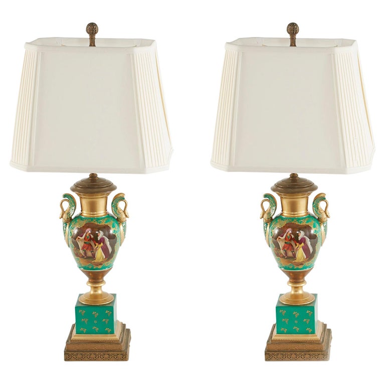 19th Century Gilt Porcelain / Brass Bass Table Lamps For Sale at 1stDibs