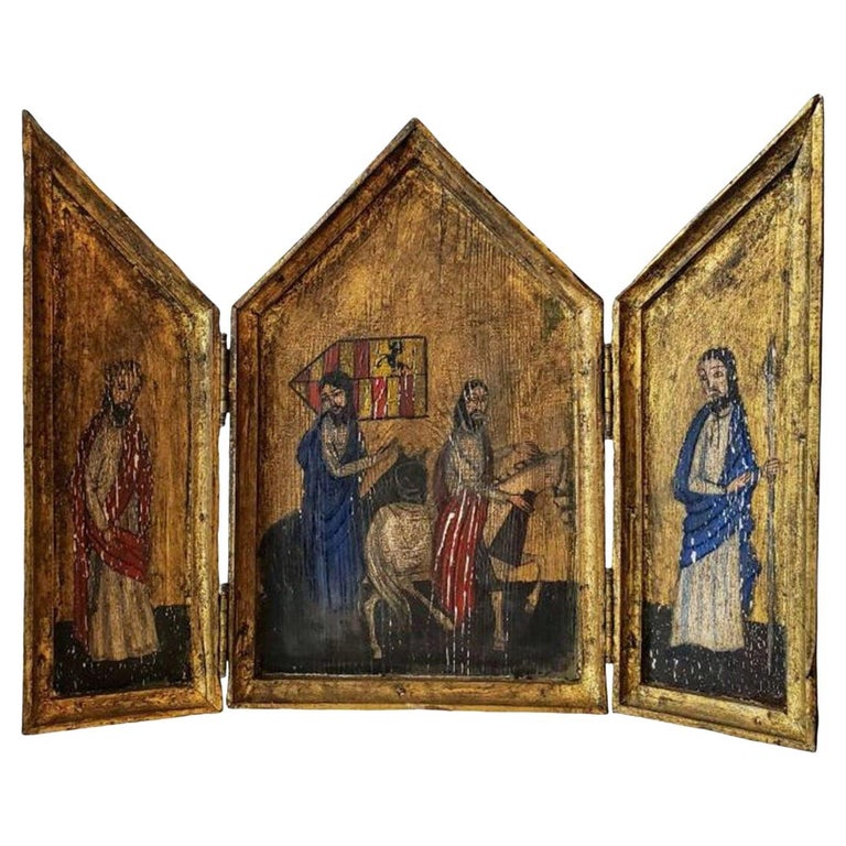 19th Century Religious Hand-Painted Altar Triptych Icon Ecclesiastical Art For Sale at 1stDibs