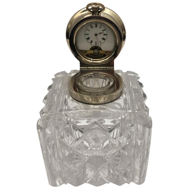 19th Century Glass and Silver Inkwell with a Clock in the Silver Lid ...